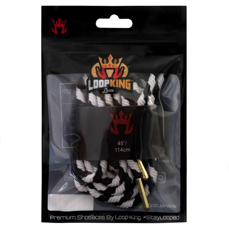 Rope Black White Stripe Shoe Laces with Gold Tips - From Loop King